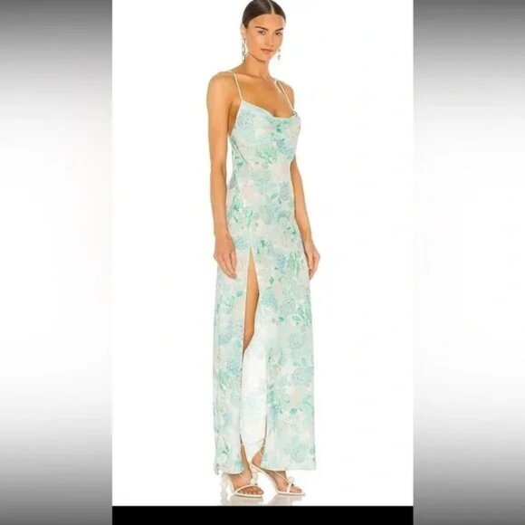 RESA | Dresses | Resa Xs Maxi Bluegreen Floral Satin Dress With Slip ...